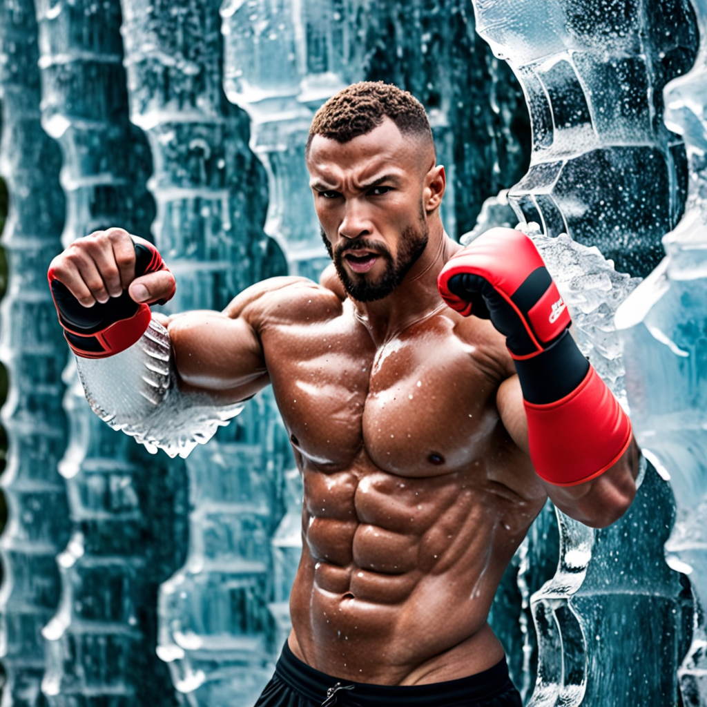 a muscular man in ice armor punching an ice wall