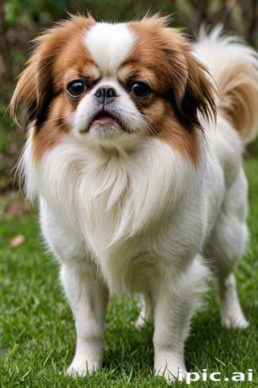 A Playful Japanese Chin Dog with Fluffy Fur Standing Outdoors.