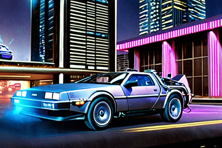 the car from the movie back to the future flying around futuristic ...