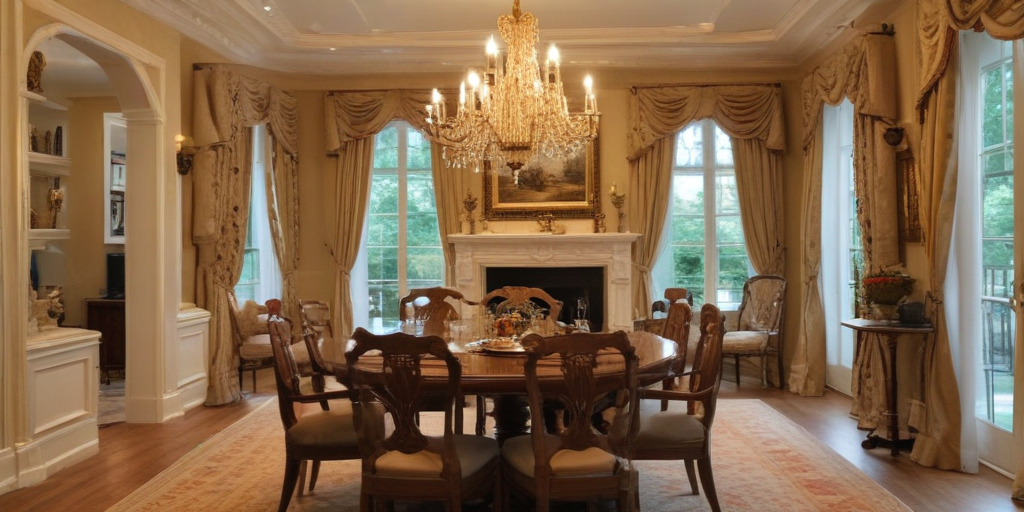 Elegant Dining Room with Chandelier, Classic Decor, and Scenic Windows