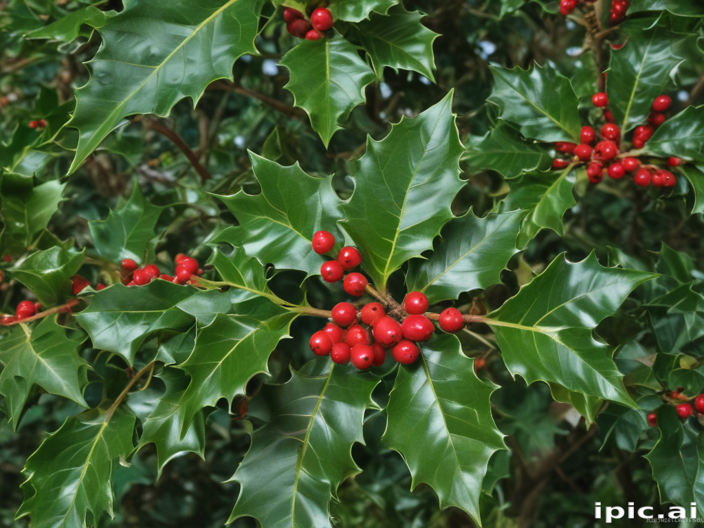 Vibrant Green Holly Leaves Adorned with Bright Red Berries in Nature.