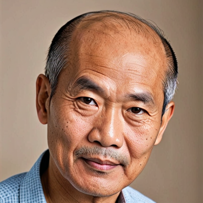 Balding Asian man with greying hair with a comb over haircut