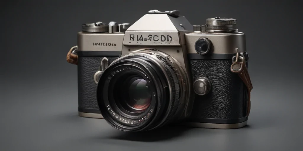 Classic Film Camera with Vintage Design and Detailed Lens Close-Up