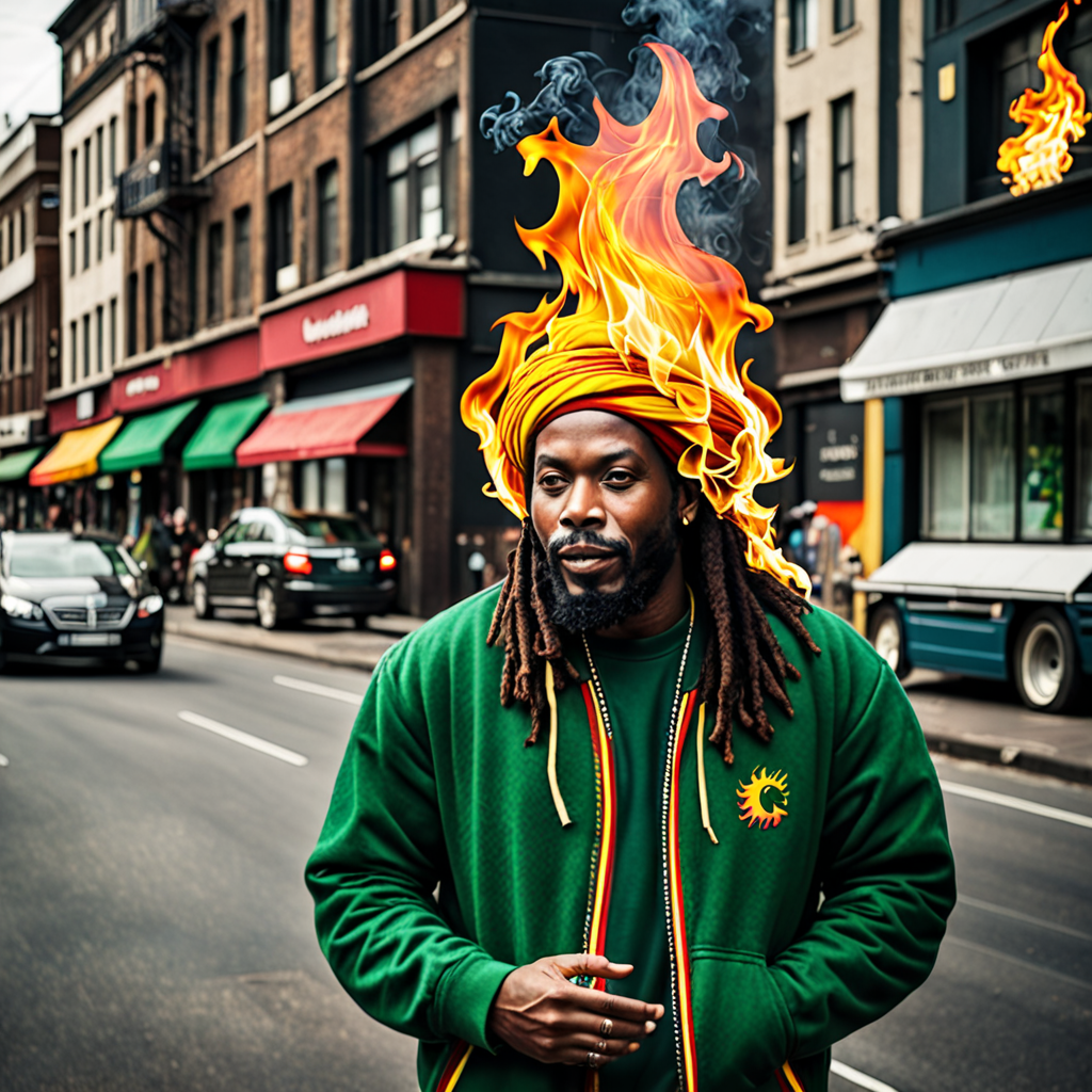 flames in reggae style in urban city