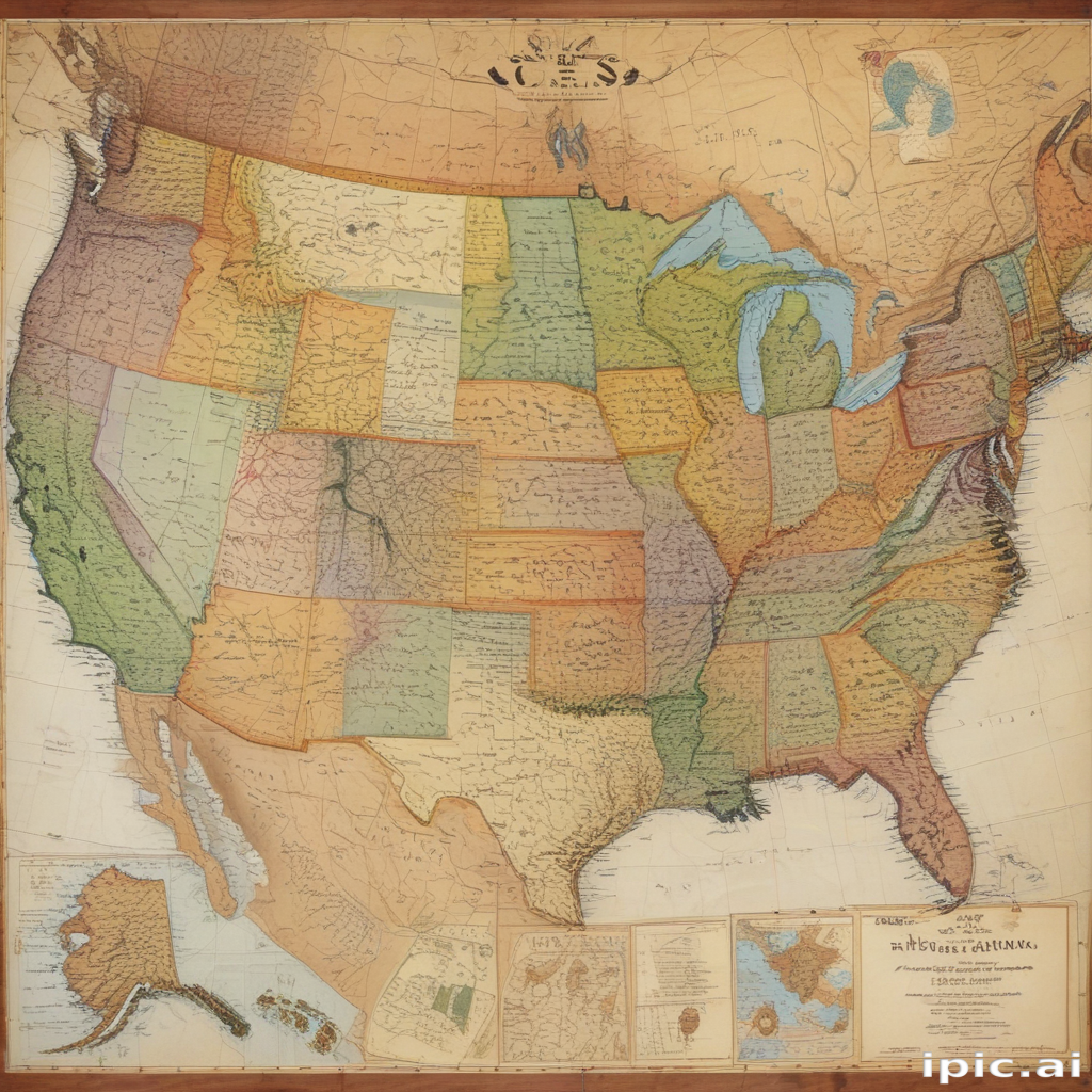 Colorful Historical Map of the United States with Detailed State Borders