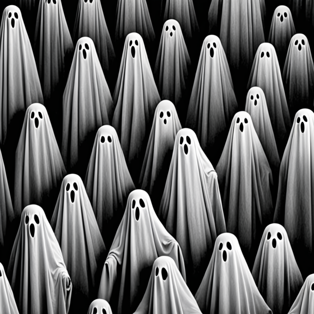 a hoard of ghosts in various shades of grey surrounding a ghost of ...