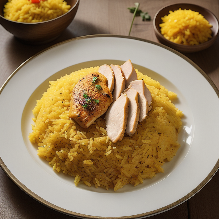 A Delicious Plate of Yellow Rice Served with Tender Sliced Chicken.