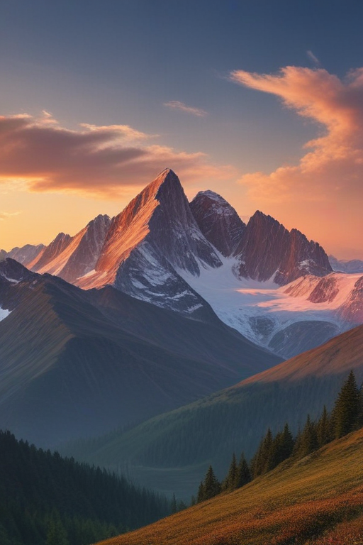 Majestic Mountain Range at Sunset with Glowing Peaks and Serene Landscape
