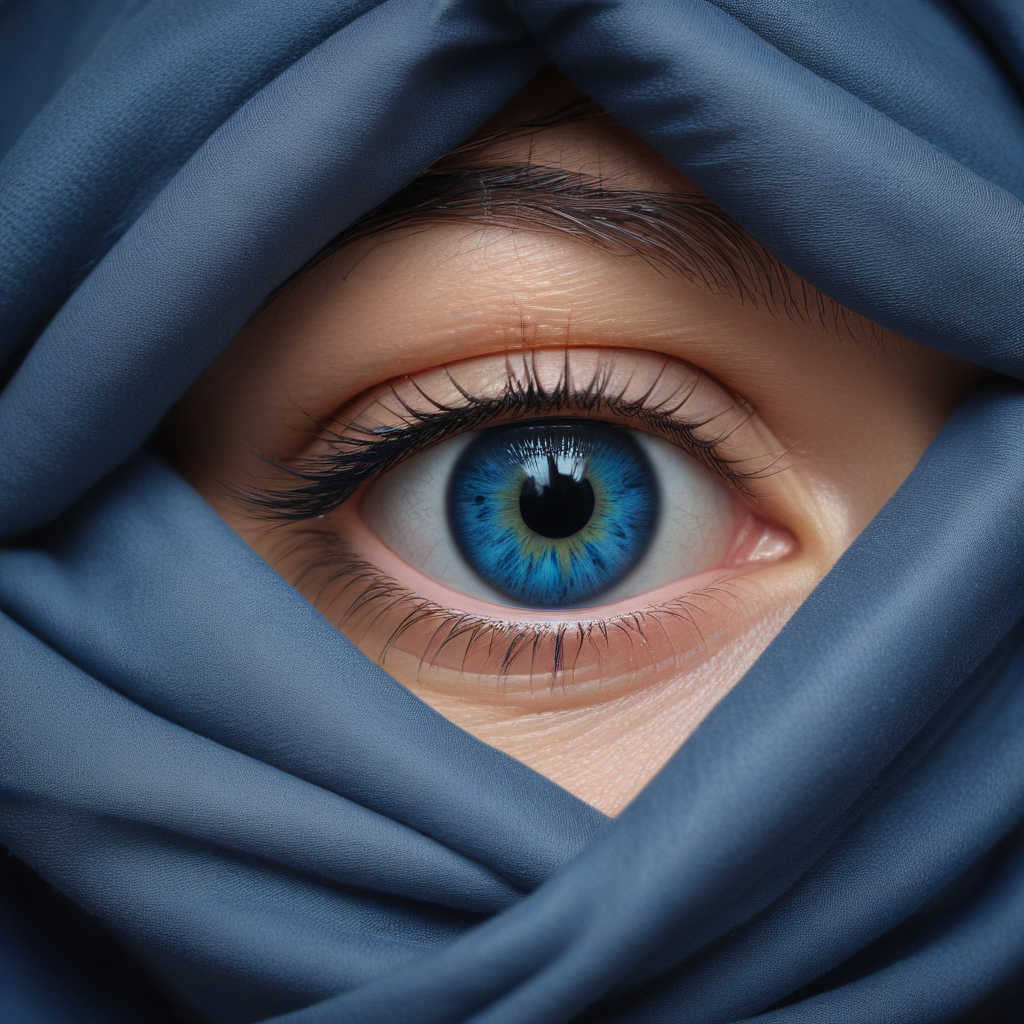 Close-Up of a Striking Blue Eye Framed by Soft Fabric Drapery