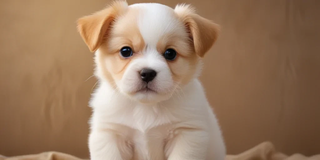 Adorable Puppy with Fluffy White Fur and Cute Brown Ears Sitting Happily.