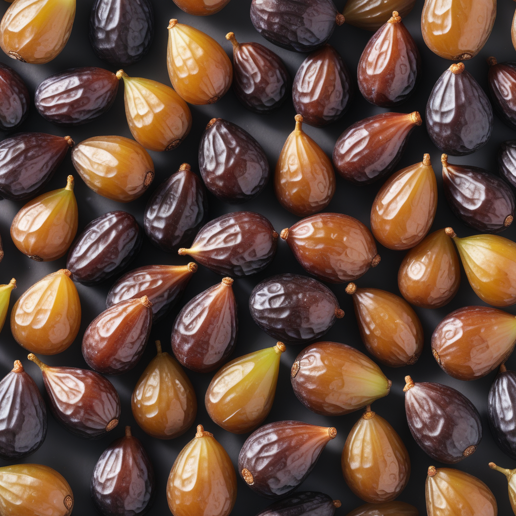 A Colorful Array of Glossy, Pear-Shaped Fruits Displayed on a Dark Surface