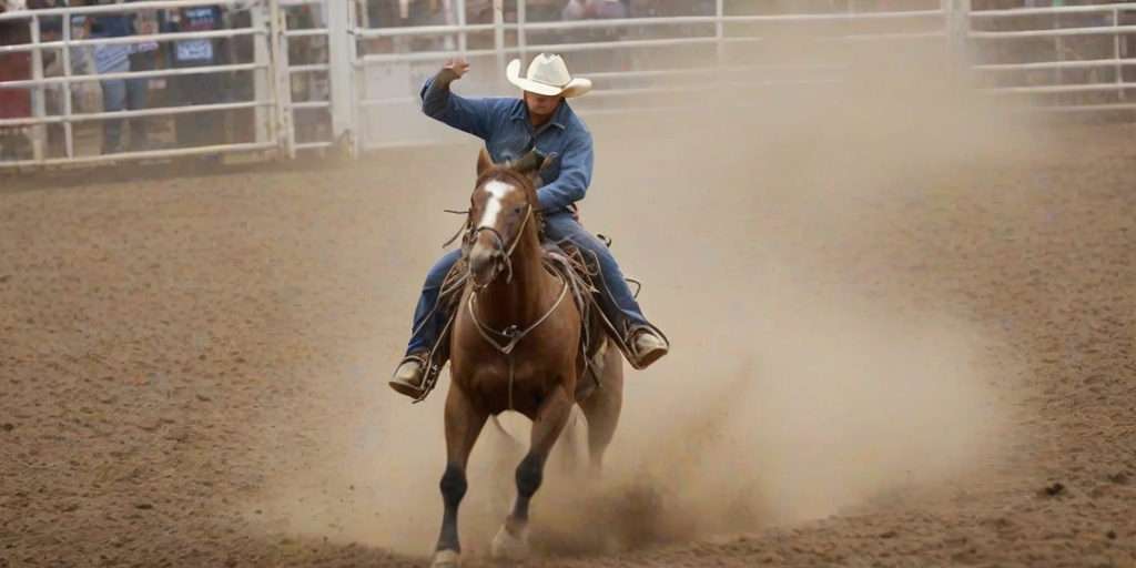 Exciting Rodeo Action: Cowboy Skillfully Rides a Bucking Horse in Arena