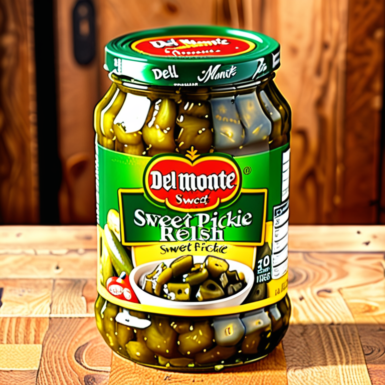 Del Monte Sweet Pickle Relish Jar on a Wooden Table Display