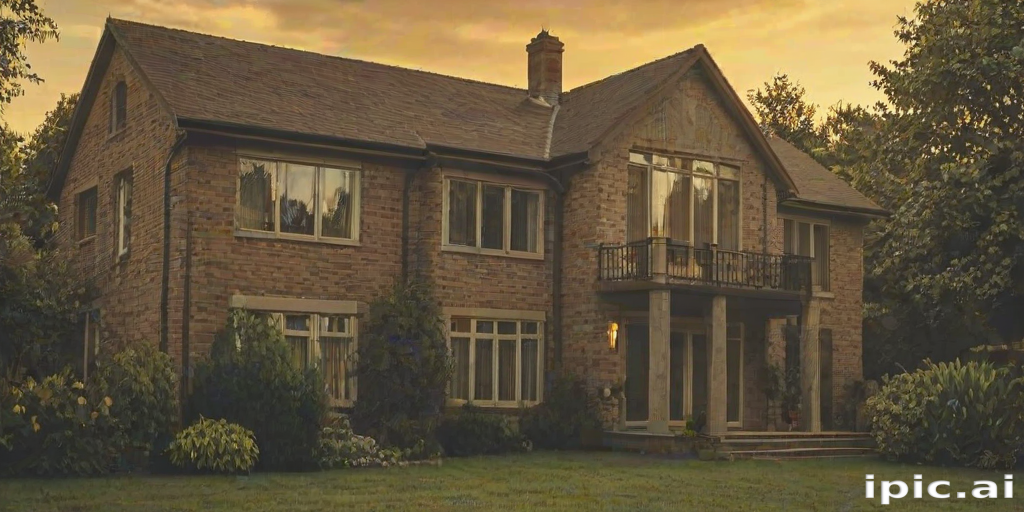 A Beautifully Designed Brick House Surrounded by Lush Greenery at Sunset.