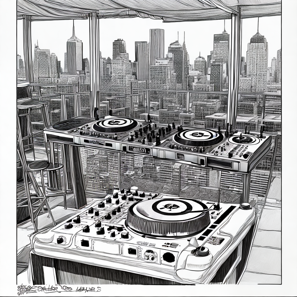 DJ'S FINGER ON DJ CONTROLLER IN HELIPAD ON A HIGH ROOFTOP. SKETCH STYLE ...