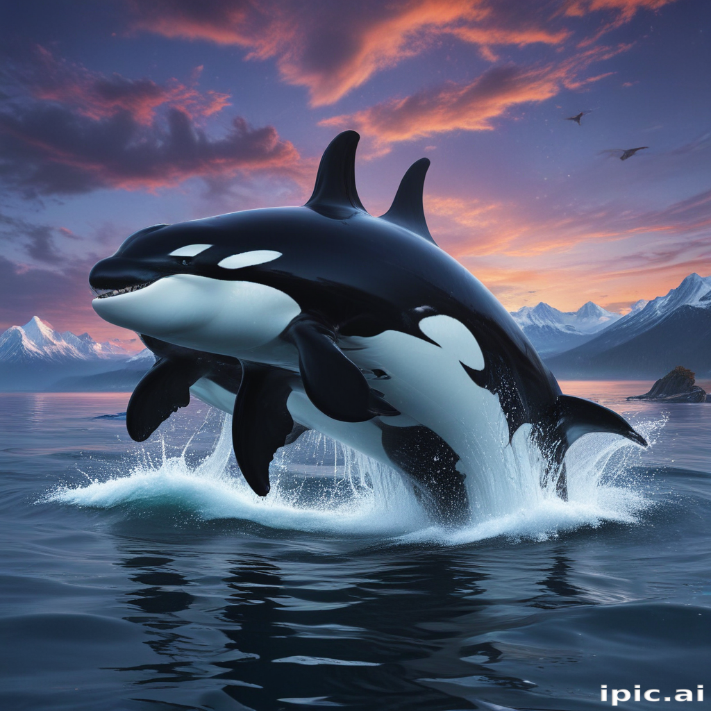 Majestic Orca Breaching the Ocean Surface Against a Stunning Sunset ...