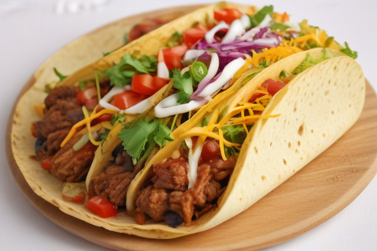 Deliciously Loaded Tacos with Fresh Toppings on a Wooden Platter.