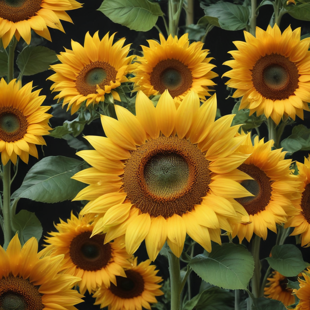 Vibrant Sunflowers Bathed in Light Against a Dark Background Displaying ...