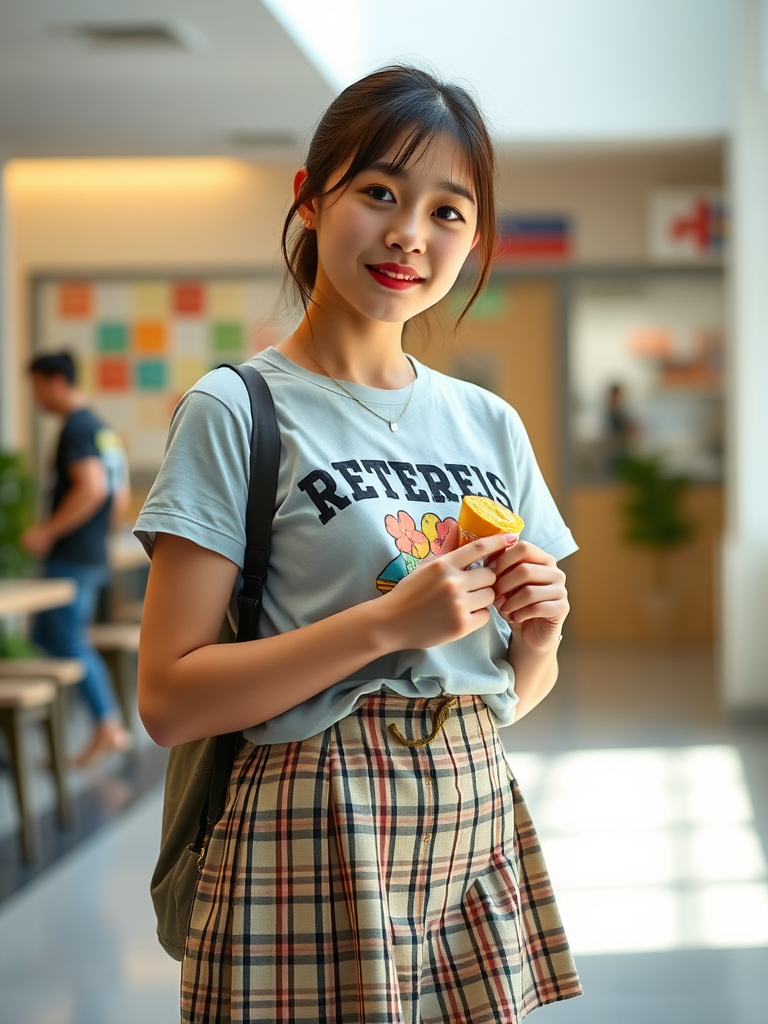 Young Woman in Casual Outfit Enjoying a Snack in a Bright Café
