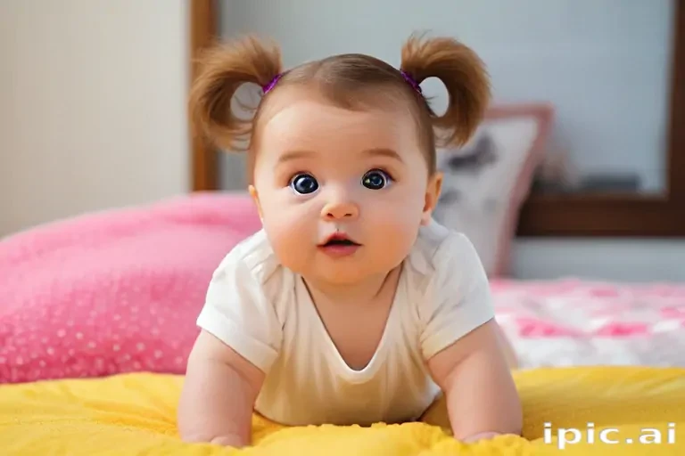 Adorable Baby with Playful Pigtails Crawling on a Colorful Blanket