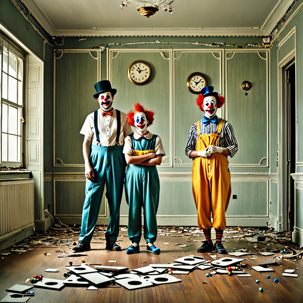 a clown family, an engineer and woman, thermostat and broken objects on ...