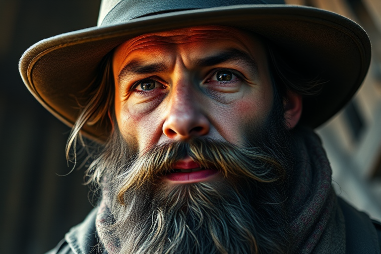 A Close-Up Portrait of a Man with a Hat and Beard.