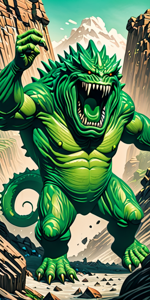 giant green ooze monster chasing adventurers, D&D illustration