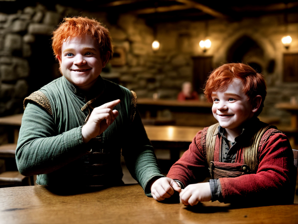 a red-haired halfling bard sitting at a table in a medieval tavern with ...