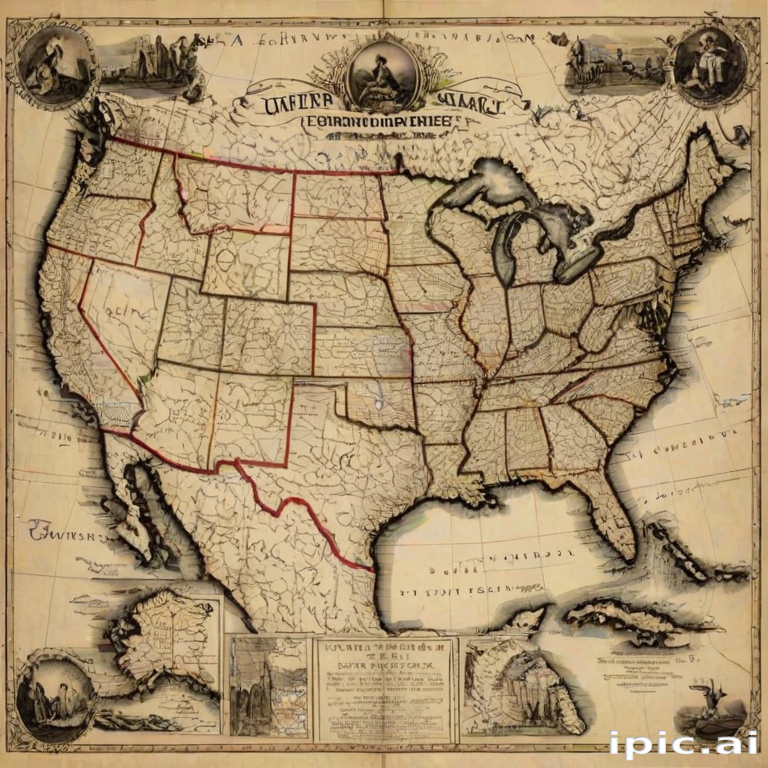 Historical Map of the United States Highlighting Regions and Boundaries ...