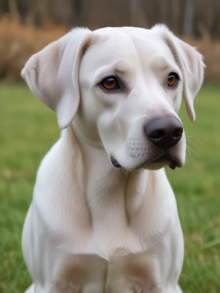 A Beautiful White Dog Sitting Gracefully in a Lush Green Field.