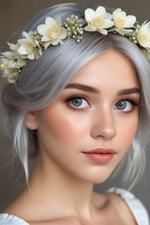 princess with a flower crown,silver hair,silver eyes,soft features