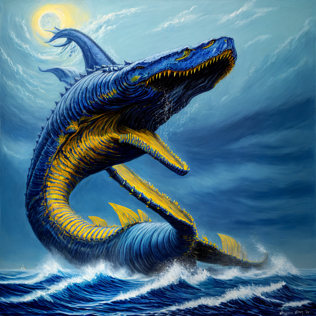an oil painting portrait of huge blue Leviathan with yellow eyes in the sea