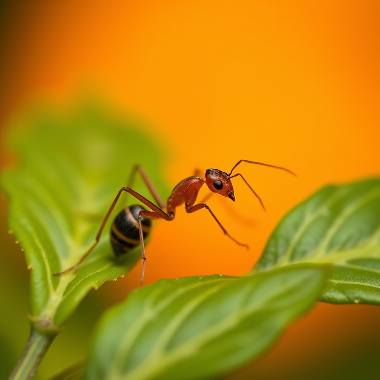 Close-Up of a Red Ant Exploring a Leaf Against a Vibrant Background
