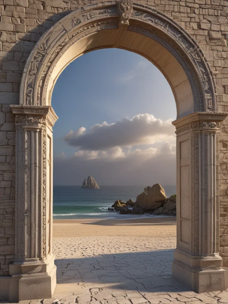 Serene Coastal View Through an Ornate Stone Archway at Sunset