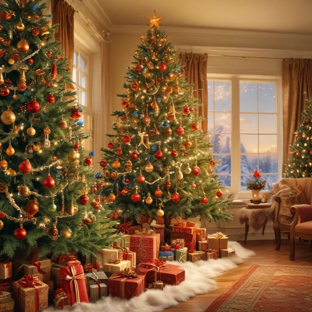 Warm and Festive Living Room with Beautifully Decorated Christmas Trees