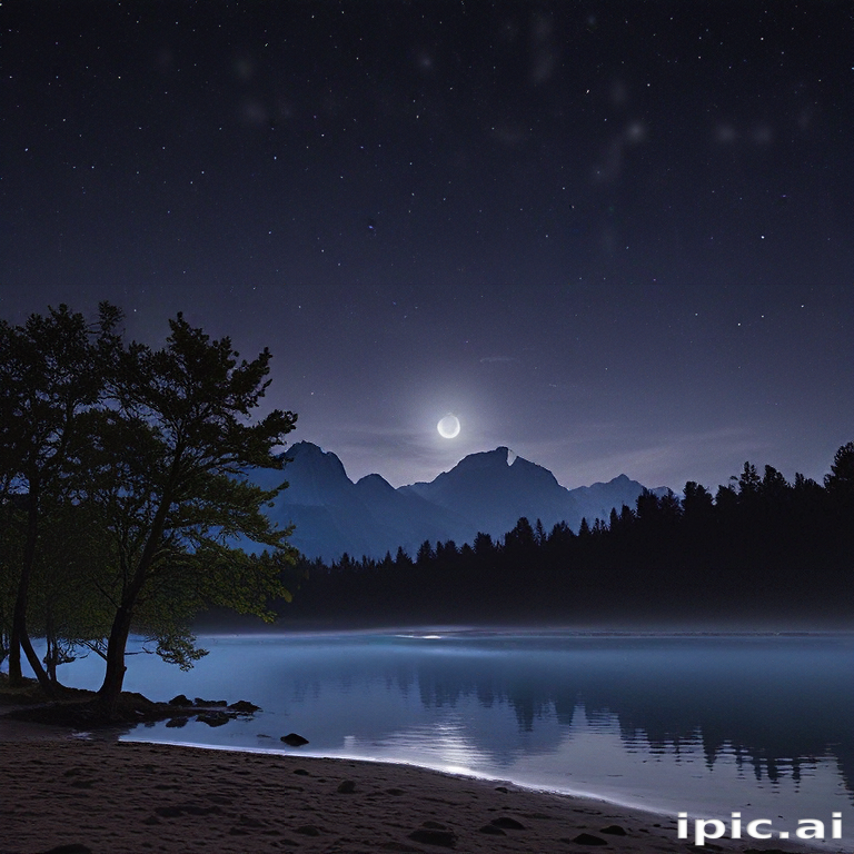 Serene Nightscape: A Moonlit Reflection Over Calm Waters and Mountains