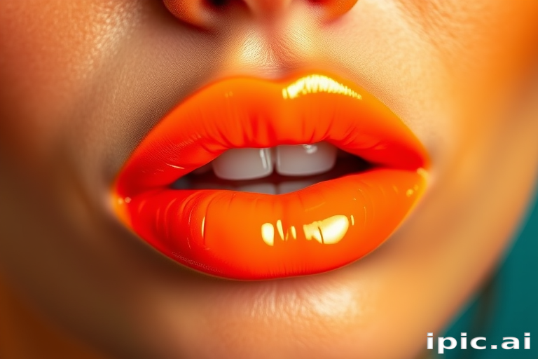 Vibrant Close-Up of Glossy Orange Lips with a Captivating Shine