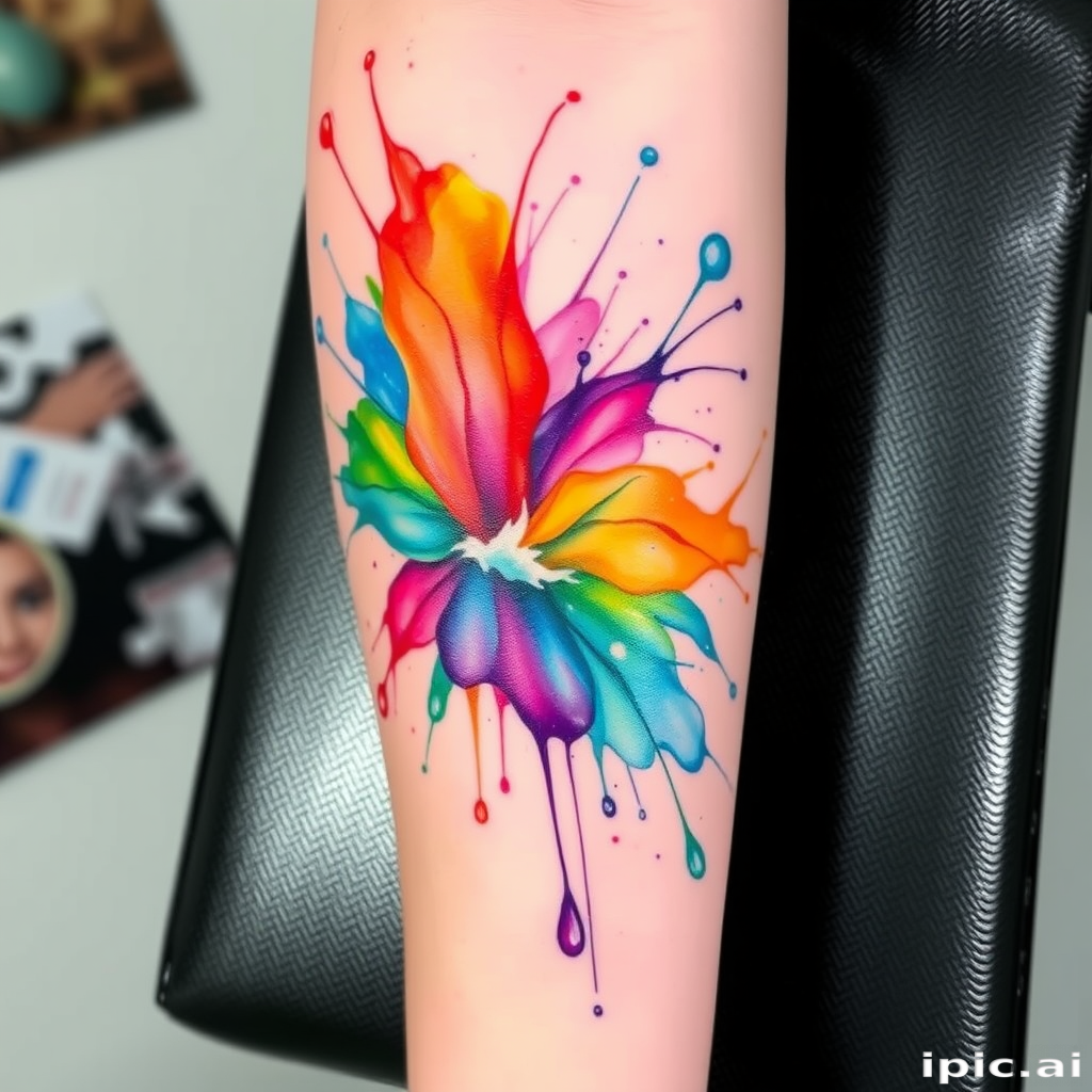 Vibrant Rainbow Flower Tattoo with Colorful Splash on Forearm Skin