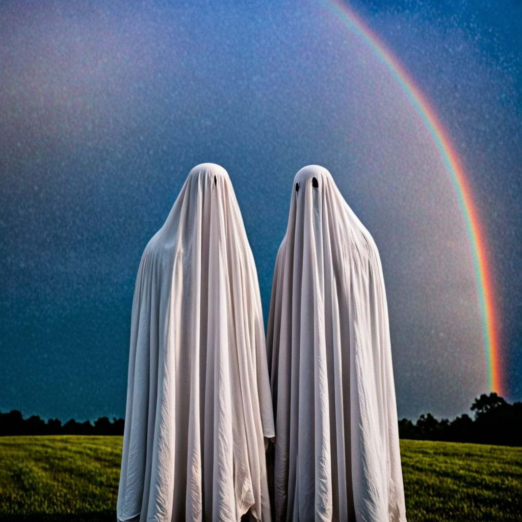 two male ghosts in love at night under a rainbow