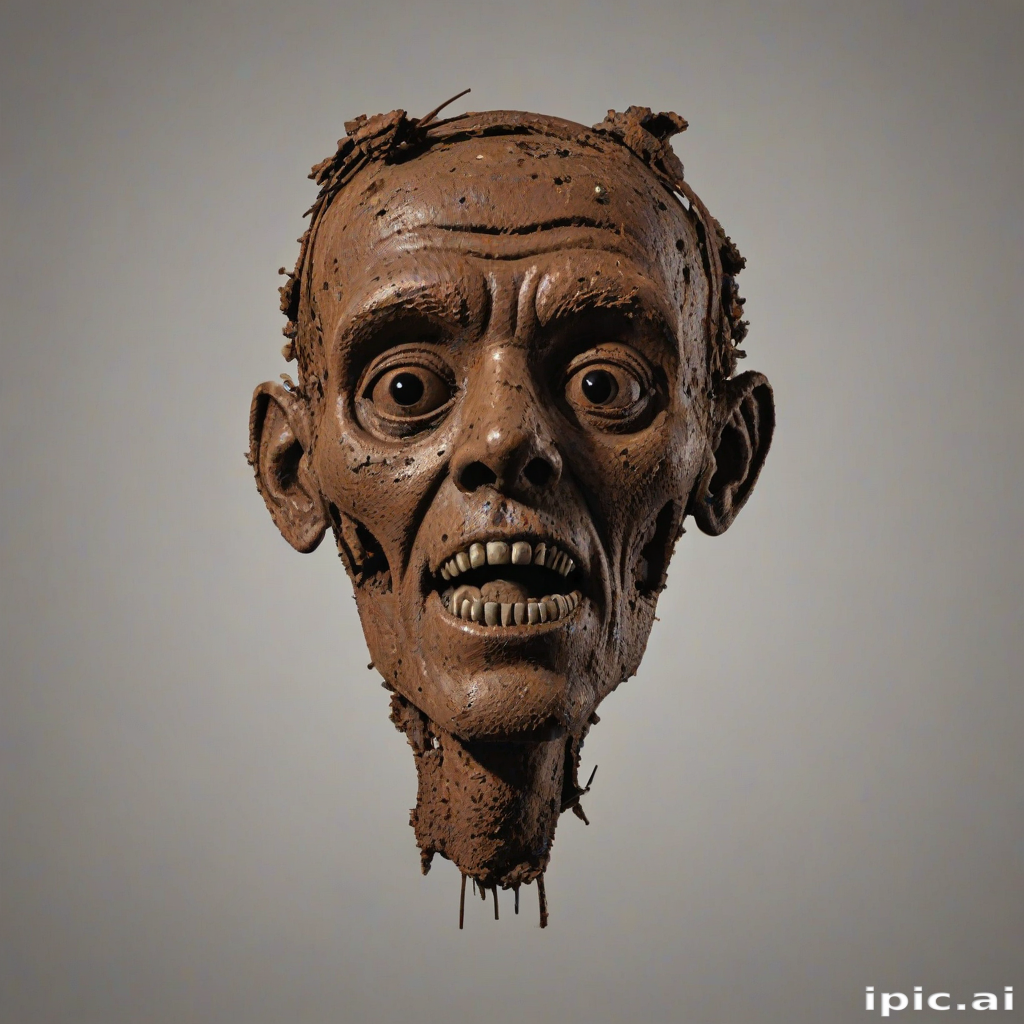 Intricate Sculptural Representation of a Distorted Human Face in Brown Clay