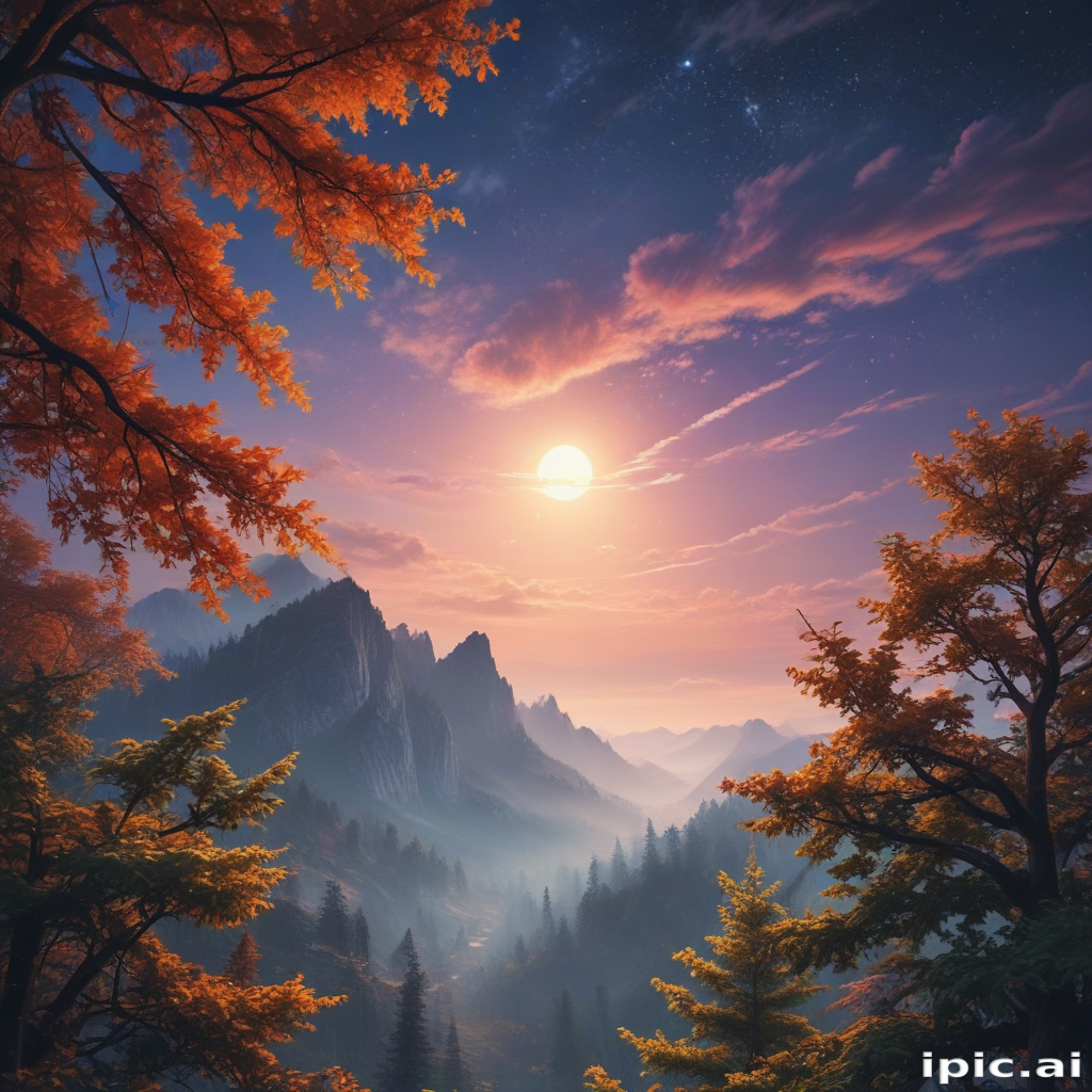 Majestic Sunset Over Mountains Surrounded by Vibrant Autumn Foliage