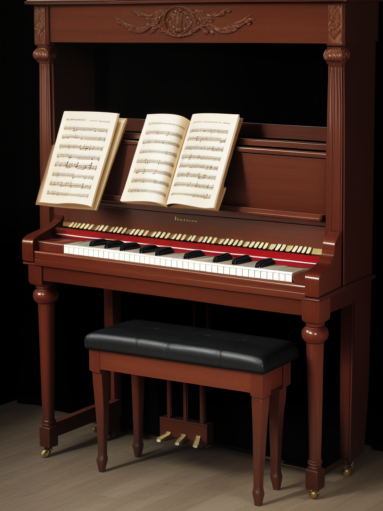 Elegant Wooden Piano with Open Sheet Music and Comfortable Bench
