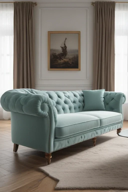 Elegant Aqua Sofa with Tufted Design and Cozy Atmosphere in Living Room.