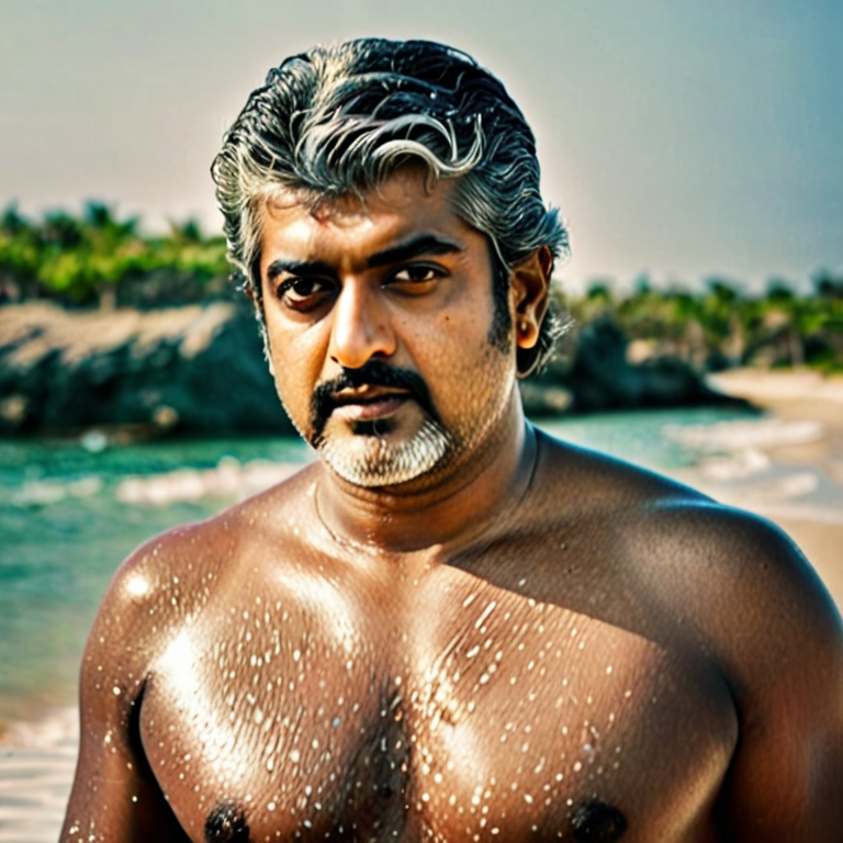 actor ajith kumar, swimming suit, at beach, close-up portrait,, cool ...