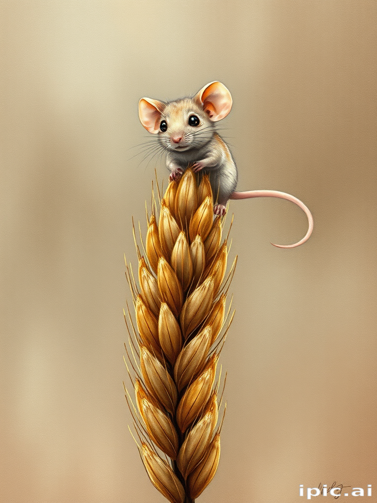 A Cute Mouse Sitting on Top of a Golden Wheat Spike