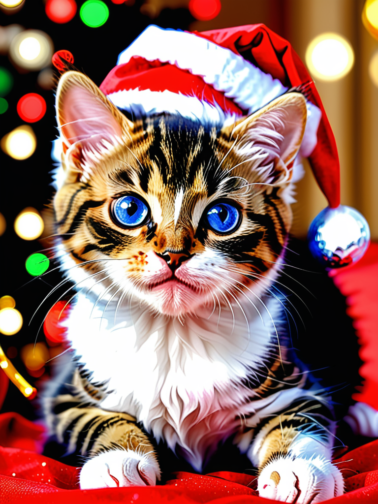 Adorable Cat in Santa Hat Surrounded by Festive Christmas Decorations