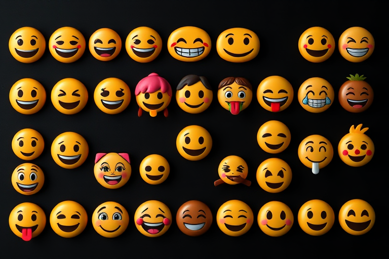 Create a high-resolution image of a collection of 20 emoji faces on a ...