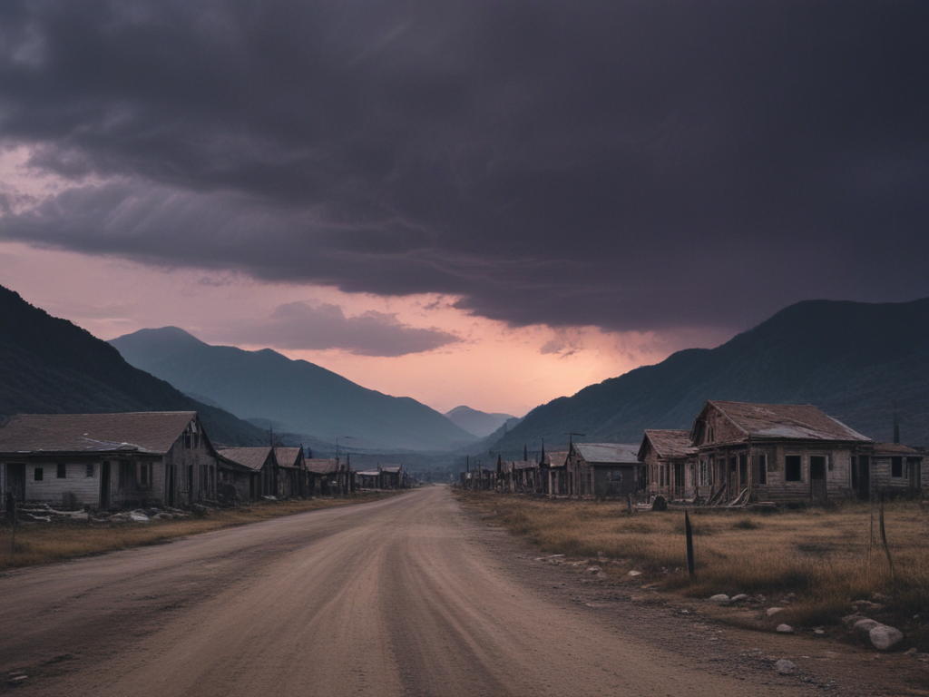 A deserted town in the heart of a barren wilderness at dusk, with ...