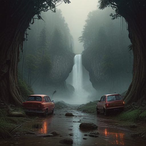 Two Vintage Cars Nestled Between Majestic Trees and a Waterfall