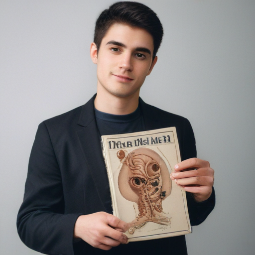 freaky man holding biology book